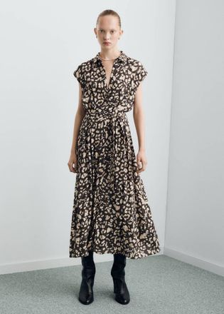 Mango Robe chemisier imprim&eacute;e avec ceinture marron - Femme - S - MANGO