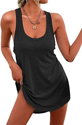 TOMWELL Femme Robe sans Manche Couleur Unie Col U Sexy Robe Courte Plage Casual Mini Simple Elegante Basic Dété Robe A Noir M