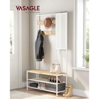 Vasagle Portemanteau, Vestiaire, Meuble dEntrée,35 x 98 x 180 cm, avec Miroir, Banc et Étagère à Chaussures, Style Industriel - Chêne et Blanc