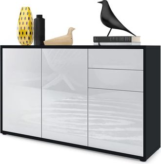 Vladon Sideboard Ben V3, Kommode mit 3 Türen und 2 Schubladen, Schwarz matt/Weiß Hochglanz (117 x 74 x 36 cm)