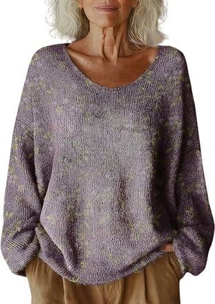 Generic Nidddiv Pull surdimensionné pour femme - Long pull en tricot - Col rond - Avec motif floral - Style décontracté - Style bohème - Vintage - Pull ample 