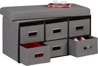 Relaxdays Sitzbank mit Schubladen, 6 Schubfächer, Sitzpolster, HxBxT: 39 x 75,5 x 37 cm, Flur, Faltbare Sitztruhe, grau