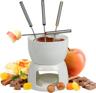 Oramics Schokofondue Set aus Porzellan mit 4 Fondue Gabeln - einfach mit Teelicht erw&auml;rmen und genie&szlig;en - Schokoladenfondue Teelichtfondue Schokofondant Anlas