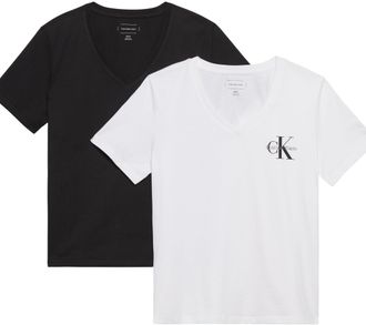 Calvin Klein Damen 2er Pack T-Shirts Kurzarm Logo Tee mit V-Ausschnitt, Mehrfarbig (Black/Brilliant White), XXL