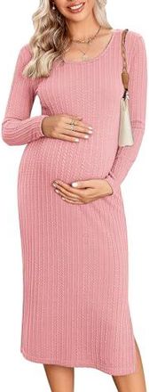 Ekouaer Robe de Maternité pour Femme Col Rond Longue Robe dallaitement Manches Longues Décontracté Fente Latérale, Rose, XXL