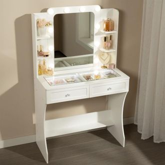 Woltu Coiffeuse Woltu avec Plateau en verre tremp&eacute;, Table de maquillage avec Poign&eacute;e, &Eacute;clairage r&eacute;glable, Rangement compartiment&eacute;, 80x38x135cm, Blanc