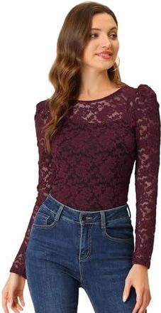 Allegra K Femme Haut Dentelle Floral &agrave; Manches Longues Bouffantese Semi-Transparente Chemisier Col Rond Bourgogne M