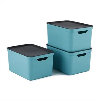 Rotho Jive Dekobox Lot de 3 boîtes de rangement 16l avec couvercle, Plastique (PP recyclé), turquoise/anthracite, 3x16l (37.5 x 27.8 x 29.8 cm)