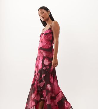 Tfnc Petite robe longue en mousseline &agrave; fines bretelles avec dos drap&eacute;, imprim&eacute; floral rose-Multi