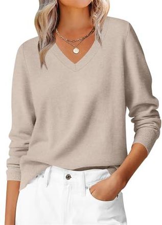 Generic Pull dautomne 2026 &agrave; col en V pour femme, solide, classique, d&eacute;contract&eacute;, en tricot c&ocirc;tel&eacute;, &agrave; manches longues, l&eacute;ger, tunique douce et basique, abrico