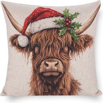 Generic Kuh Mit Weihnachtsmannm&uuml;tze - Vintage-Weihnachten Dekokissenbezug Mit Rei&szlig;verschluss Zierkissenbezug Modern Zierkissenbez&uuml;ge F&uuml;r Hotel Sofa Balkon 45X