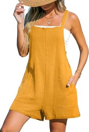Cupshe Combinaison courte en coton pour femme avec col rond et jambes droites, jaune, M