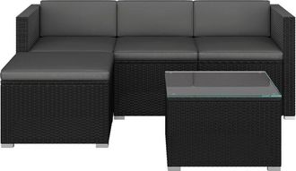 Yaheetech Yaheetech 5 Pi&egrave;ces Salon de Jardin Exterieur en Polyrotin, 4 Personnes Ensemble Mobilier avec 3 Canap&eacute;s Modulables, 1 Table Basse en Verre Tremp&eacute; et