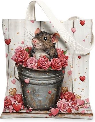 Generic Sac fourre-tout en toile avec motif rat et souris pour faire du shopping, 33 x 38,1 cm, sac d&eacute;picerie r&eacute;utilisable pour la Saint-Valentin, motif roses