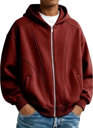 Generic Sweat &agrave; capuche &agrave; manches longues pour homme avec imprim&eacute; g&eacute;om&eacute;trique et fermeture &eacute;clair style r&eacute;tro d&eacute;contract&eacute;, bordeaux, 3XL