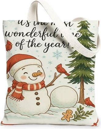 Generic Sacs fourre-tout en toile avec motif bonhomme de neige mignon, sacs d&eacute;picerie r&eacute;utilisables, festifs, l&eacute;gers et lavables avec bandouli&egrave;re C, blanc, 13