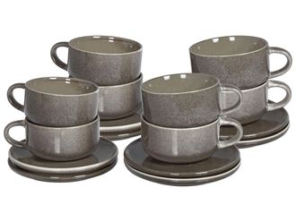 Beliani Set aus 8 Tassen mit Untertassen Tee Kaffee Steingut Kaolin Handgefertigt Reaktive Glasur Finish Grau Costmary