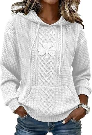 Generic Chemise de jour de la Saint-Patrick pour femme - Motif tr&egrave;fle gaufr&eacute; - Manches longues - Confortable - Style d&eacute;contract&eacute; et mignon - 2026, blanc, 3XL