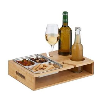 Relaxdays Plateau de Service canap&eacute;, Bambou, Support pour Snacks, Boissons & Verres, poign&eacute;es, Nature - argent&eacute;