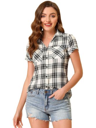 Allegra K Damen Kariertes Hemd Shirt Kariert Kurzarm Classic Oberteil mit Taschen Karo Bluse Beige Rot S