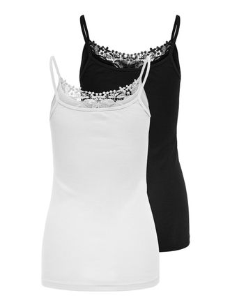Only Longtop ONLY ONLLULU LACE SINGLET 2PACK CS JRS, Damen, Gr. XS, schwarz-wei&szlig; (schwarz pack:wei&szlig;), Jersey, Obermaterial: 100% Baumwolle, unifarben, h&uuml;ft