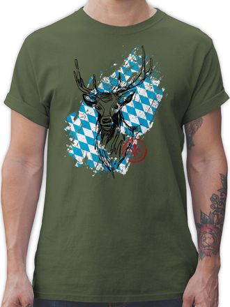 Shirtracer T-Shirt Herren - Kompatibel Oktoberfest - Hirsch mit bayrischem Wappen - 3XL - Army Gr&uuml;n - trachtenshirt bayrische Trachtenmode t Shirt Octoberfest hi