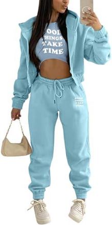 Onsoyours Survêtement Femme 3 Pièce Ensembles Sportswear Sweatshirt à Capuche à Zippé+ Crop Top + Pantalon Sports pour Casual Sports Jogging Fitness Z2 Bleu M