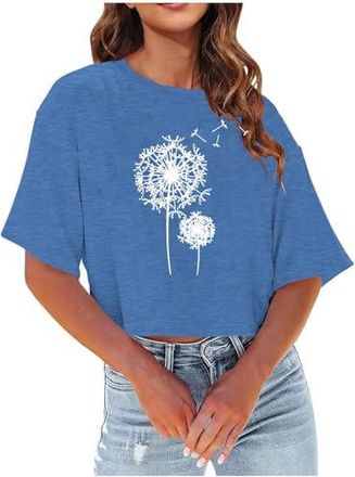 Generic Haut court &agrave; manches courtes pour femme &agrave; col rond 2025 - D&eacute;contract&eacute; - Demi-chemises de sortie - Coupe ample - Tendance - Joli t-shirt d&eacute;t&eacute;, bleu, XX