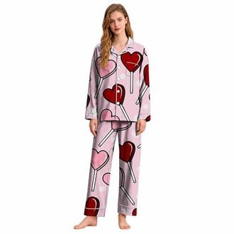 Generic Ensemble de pyjama 2 pi&egrave;ces pour la Saint-Valentin pour femme, chemise boutonn&eacute;e, pantalon de d&eacute;tente, en satin de soie, v&ecirc;tements de nuit avec imprim