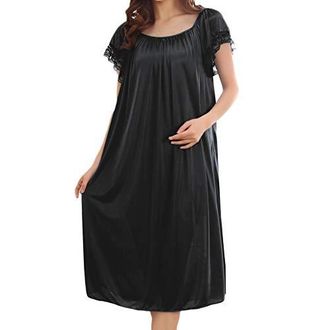 Generic Chemise de nuit en soie pour femme, robe de nuit longue en dentelle et soie glac&eacute;e &agrave; manches courtes, robe de nuit ample grande taille, chemise de nui