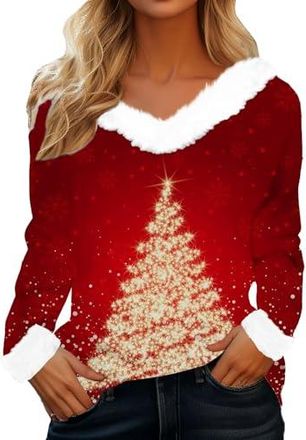 Generic Pulls de No&euml;l pour femmes avec bordure en fausse fourrure, imprim&eacute;s de sapins de No&euml;l originaux, col en V, manches longues, sweats &agrave; capuche confortab