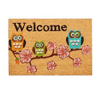 Relaxdays Paillasson Coco, Inscription Welcome & Motif Chouette, Tapis dentr&eacute;e int&eacute;rieur & ext&eacute;rieur, 40x60 cm, Nature