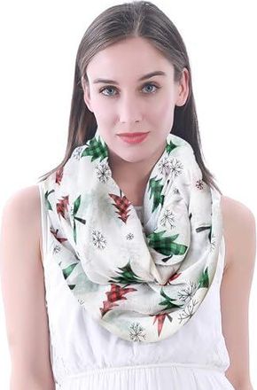 Lina & Lily Écharpe Loop pour femme avec motif de Noël, blanc, vert, rouge, sapin de Noël, taille unique
