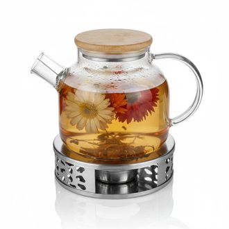 Arendo Teekanne aus Glas mit St&ouml;vchen - Bambusdeckel - inklusive Edelstahlst&ouml;vchen - Fassungsverm&ouml;gen 1,4 Liter - hitzebest&auml;ndig - mit Siebeinsatz f&uuml;r Bl&uuml;ten