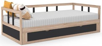 IDMarket Lit banquette 90 x 190 cm zoya convertible 180 x 190 cm hêtre et noir avec 1 tiroir de rangement