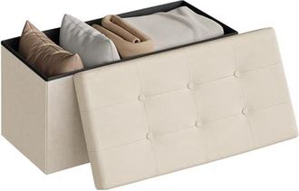 Woltu Tabouret Banc de Rangement en Lin,Pouf Pliable Cube Coffre de Rangement 76x37,5x38cm,Cr&egrave;me Blanc