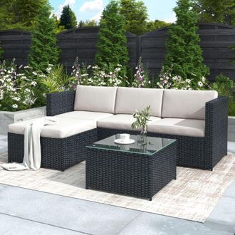 STILVORA Salon de Jardin avec Canap&eacute; dAngle, 1 Pouf et 1 Table Basse, pour Terrasse, Rotin PE, Fer et Tissu Imperm&eacute;able, Noir