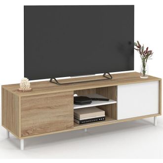 IDMarket Meuble TV 140 cm EASY montage sans outils 2 portes coulissantes r&eacute;versibles effet bois et blanc