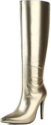Generic Bottes hautes pour femme, fermeture &eacute;clair lat&eacute;rale, bout pointu, talons aiguilles, escarpins, chaussures dhiver pour f&ecirc;te de mariage, dor&eacute;, 39.5 EU