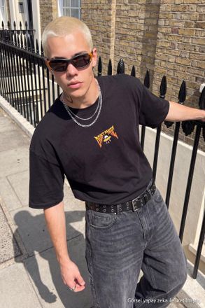 Trendyol MAN Jungen Schwarz Slogan Kurz Oversize T-Shirts