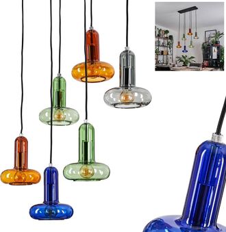 HOFSTEIN Pendelleuchte Salavisa, Pendellampe aus Metall/Glas in Schwarz/Bernstein/Rauch/Grün, Leuchte im modernen Retro/Vintage-Design mit Schirmen aus Glas (Ø