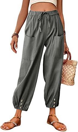 ORANDESIGNE Femme Pantalon Coton Lin Été Harem Pantalon Sarouel Léger Cordon Élastique Solide Couleur Pantacourt Sport Pants pour Pilate Hippie Yoga Fitness Danse