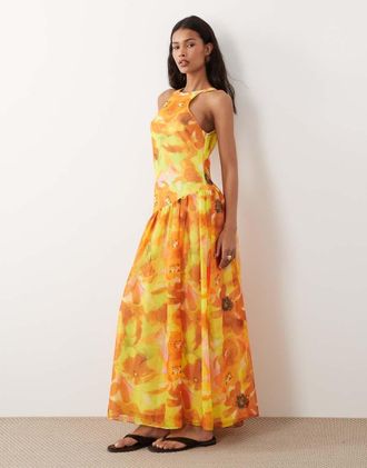 Asos Maxikleid mit Ringerr&uuml;cken, asymmetrischem Taillendetail und Blumenmuster-Mehrfarbig