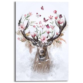 Reinders Wandbild, Hirsch in Blumen, Schlafzimmer, Bilder, Wanddeko, Room Decor, MDF, Rosa, 90 x 60