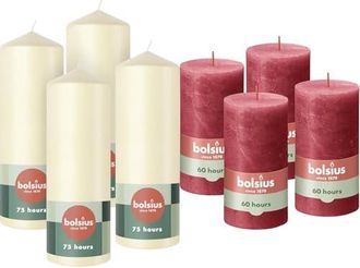 Bolsius Bundle of Bolsius Glatte Stumpenkerzen - Elfenbein - 4 St&uuml;ck - 20 x 7 cm - Brenndauer 75 Stunden + Bolsius Rustik Stumpenkerzen - Rot - 4 St&uuml;ck - 13 x