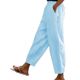 Generic Pantalon en coton et lin pour femme - Jambe large - Pantalon de plage d&eacute;t&eacute; pour femme - Confortable - Pantalon de yoga Palazzo XIYU26006, bleu clair, 