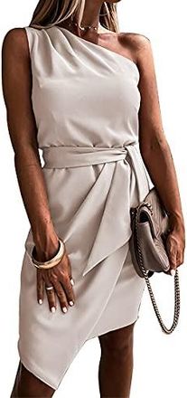 ORANDESIGNE Robe Cocktail Femme Chic Sexy Été Épaules Dénudées Bodycon Dress Midi sans Manches Couleur Unie Robe Portefeuille Courte Satin Soiree Robe A Abricot S