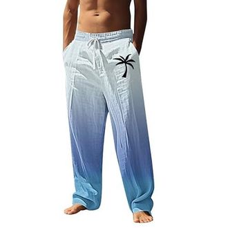 Generic Pantalon surdimensionn&eacute; en coton et lin pour homme - Pantalon en lin imprim&eacute; cocotier - Pantalon d&eacute;contract&eacute; ample pour l&eacute;t&eacute;, la plage, les voyages, l