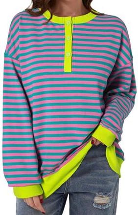 Generic Sweat-shirt surdimensionn&eacute; ray&eacute; &agrave; col rond &agrave; manches longues pour femme - Pull &agrave; col rond - Chemise Y2k - Coupe ample - Chemise dentra&icirc;nement d&eacute;contra