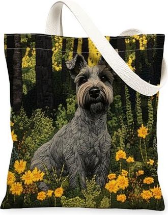 Generic Sac fourre-tout en toile motif chien terrier &eacute;cossais printanier 33 x 38,1 cm, style tricot&eacute;, sac d&eacute;picerie r&eacute;utilisable pour femme, peinture esth&eacute;tiq